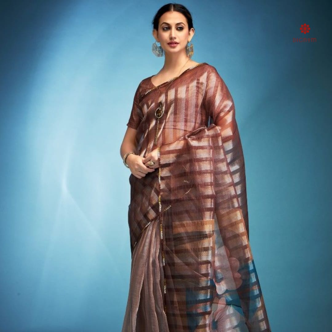 Cedar Brown Pure Tissue Silk Designer Saree | DIGNUM